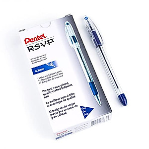 Pentel® R.S.V.P.® Ballpoint Pens, Fine Point, 0.7 mm, Clear Barrel, Blue Ink, Pack of12