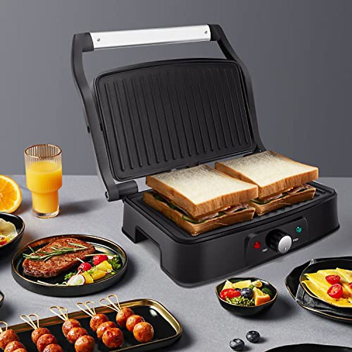 Aigostar Electric Panini Press, 1500W Stainless Steel Sandwich Maker with Adjustable Temperature Setting, Opens 180 Degree Indoor Grill with Non-stick Plates, Removable Drip Tray and Indicator Lights