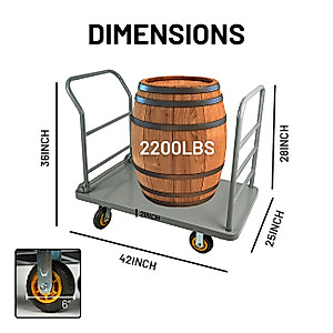 biosp 2200lbs Foldable Steel Panel Truck Cart, 2IN1 Heavy Duty Platform Truck Cart with Detachable Guardrail, 42“×25” Swivel Casters, Dolly Large Flatbed, Rolling Utility Grocery Hand Truck Cart