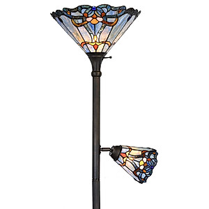 Bieye L10686 Baroque Tiffany Style Stained Glass Torchiere Floor Lamp with Sidelight for Reading Home Decor, 71-inch Tall