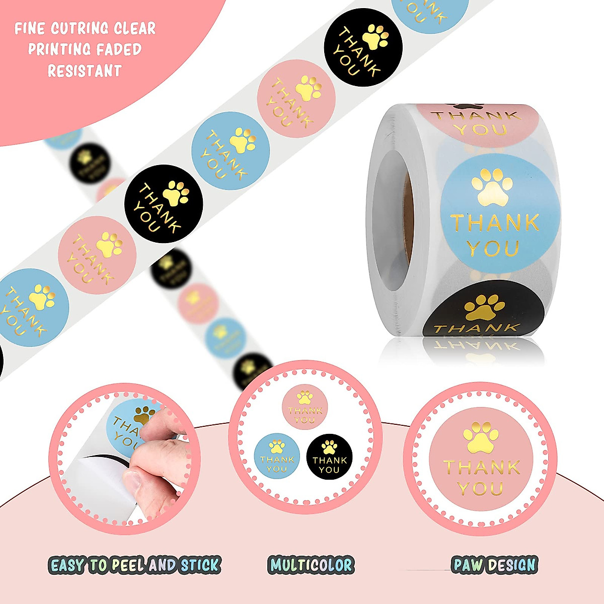 500 Pieces Paw Print Thank You Labels Stickers 1.5 Inch Round Dog Paw Print Stickers Gold Foil Thank You Labels Small Business Stickers Self-Adhesive Appreciation for Bags Cards Package Party