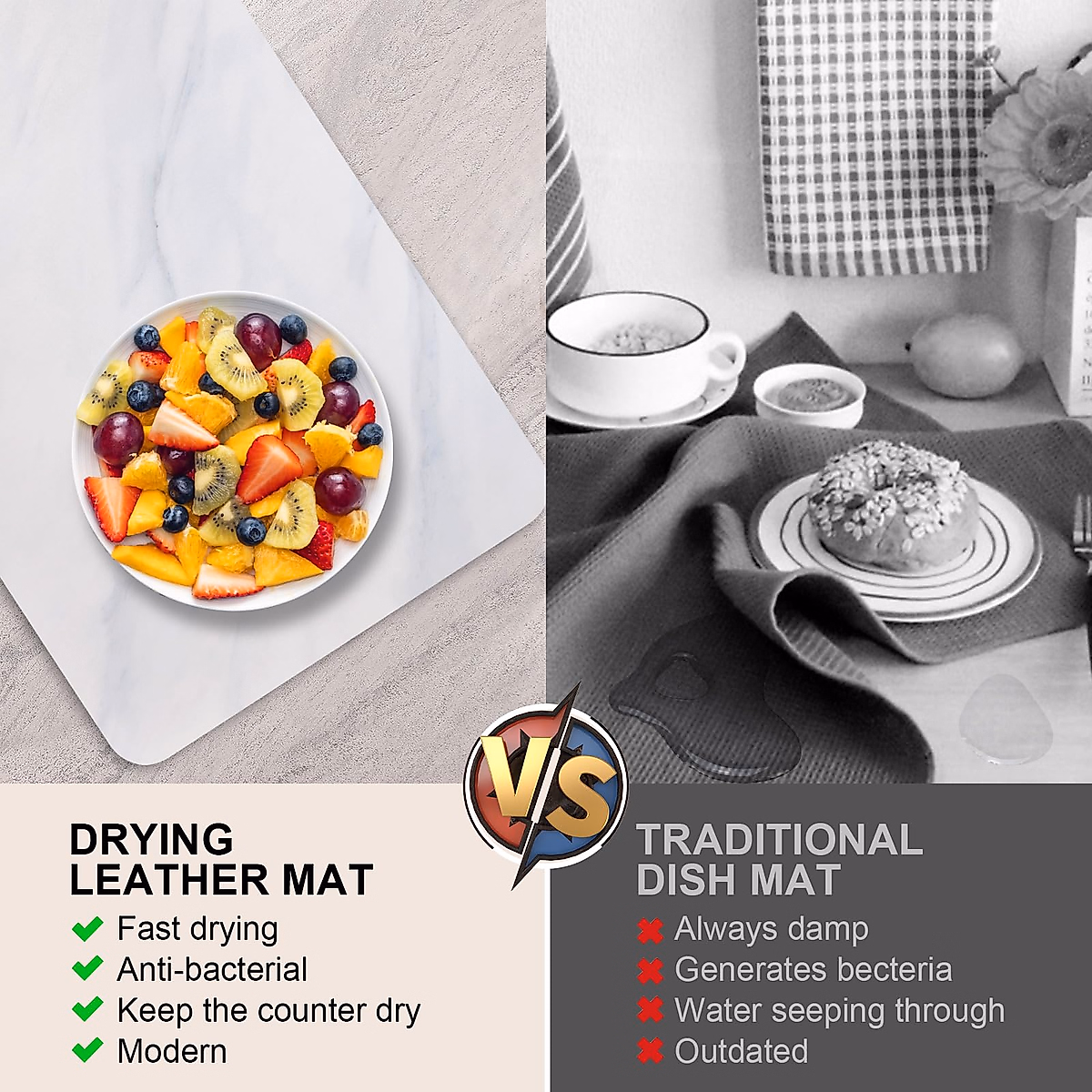 24" x 16" Dish Drying Mat for Kitchen Counter, Absorbent Hide Stain Rubber Backed Coffee Mat, Easy Clean, Eco-friendly, Heat-resistant, Large Kitchen Drying Mat, White Marble