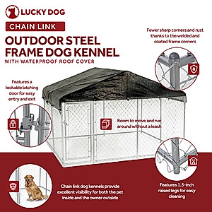 Lucky Dog 10 by 6 Foot Large Outdoor Galvanized Steel Chain Link Dog Kennel with Latching Door, 1.5 Inch Raised Legs, and WeatherGuard Roof Cover