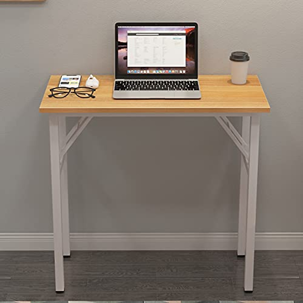 DlandHome 31.5 Inches Small Folding Computer Desk for Home Office Folding Table Writing Table for Small Spaces Study Table Laptop Desk No Assembly Required (Teak White)