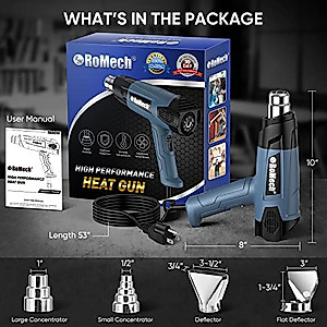 ROMECH Heat Gun 1500W Variable Temperature Control with 2 Air Volume Setting Heavy Duty Hot Air Gun Kit 120°F~1200°F (50°C~650°C) with 4 Nozzles for Crafts Shrink Wrap (Blue)