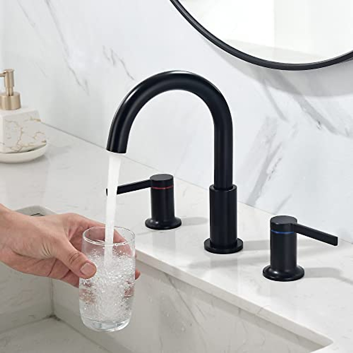 SHAMANDA Bathroom Vanity Sink Faucet 3 Holes, Mordern 2 Handle 8 Inch Widespread Bathroom Lavatory Basin Taps Brass, Valve and cUPC Water Supply Hoses Included, Matte Black, LB106-7