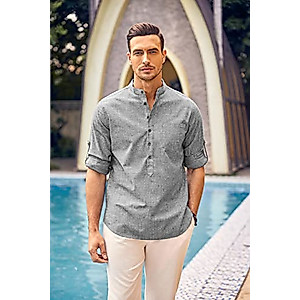 COOFANDY Men's Cotton Henley Shirt Long Sleeve Slim Fit Linen Casual Summer Beach Hippie T Shirt Light Grey