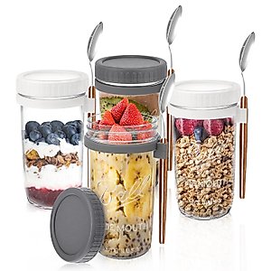 FRIUSATE 4 Pack Overnight Oats Containers with Lids and Spoons, 24 oz Glass Oatmeal Container with Measurement Marks, Large Capacity Airtight Mason Jars for Milk Cereal Fruit