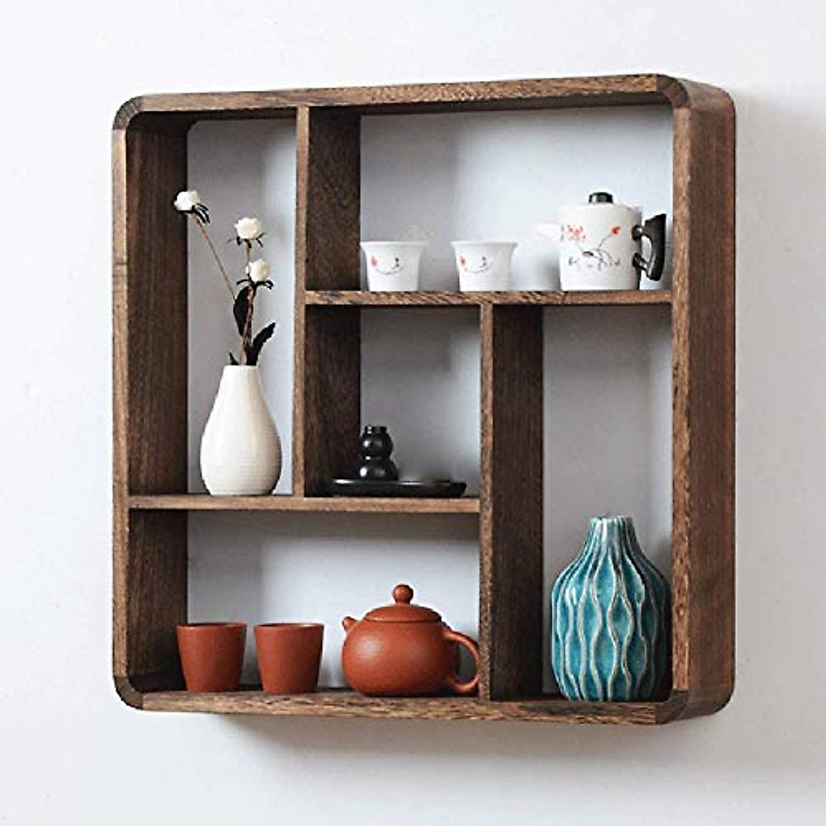 PIBM Stylish Simplicity Shelf Wall Mounted Floating Rack Shelves Solid Wood Retro Lattice Back Hook Multi-Layer Multifunction Environmental Protection, Brown , 56x12x56cm