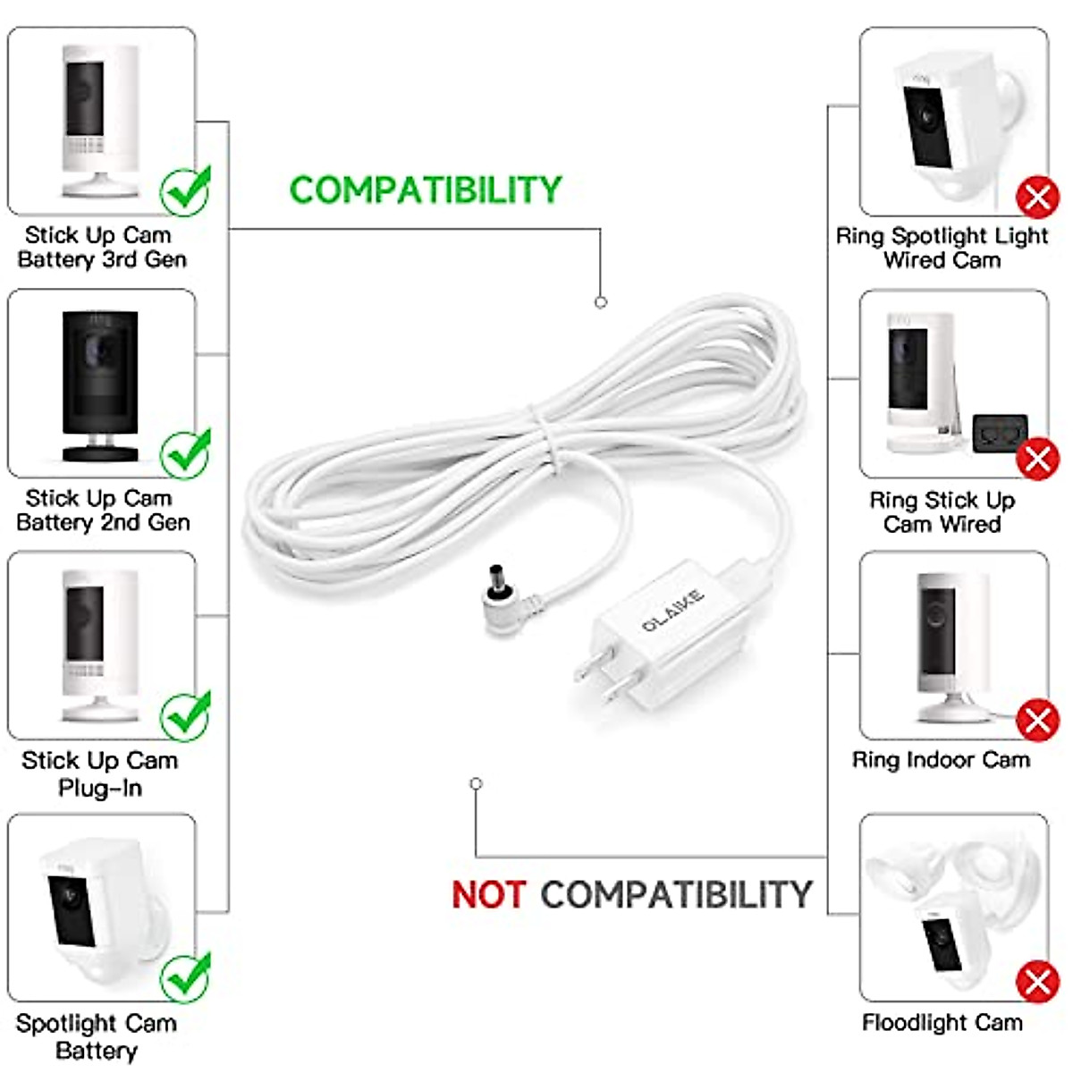 OLAIKE 8m/26ft Charge Cable with DC Power Adapter Compatible with Stick Up Cam Battery 3rd Gen/2nd Gen & Spotlight Cam Battery,Weatherproof Cable to Continuously Charge Your Camera,White