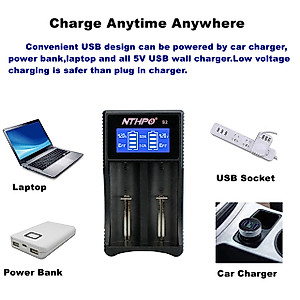 NTHPO Universal Battery Charger S2 LCD Display Smart Intelligent Charger for Rechargeable Li-ion Batteries 26650 22650 18650 18490 18350 17670 17500 16340(RCR123) 14500 10440 Ni-MH Ni-CD AA AAA