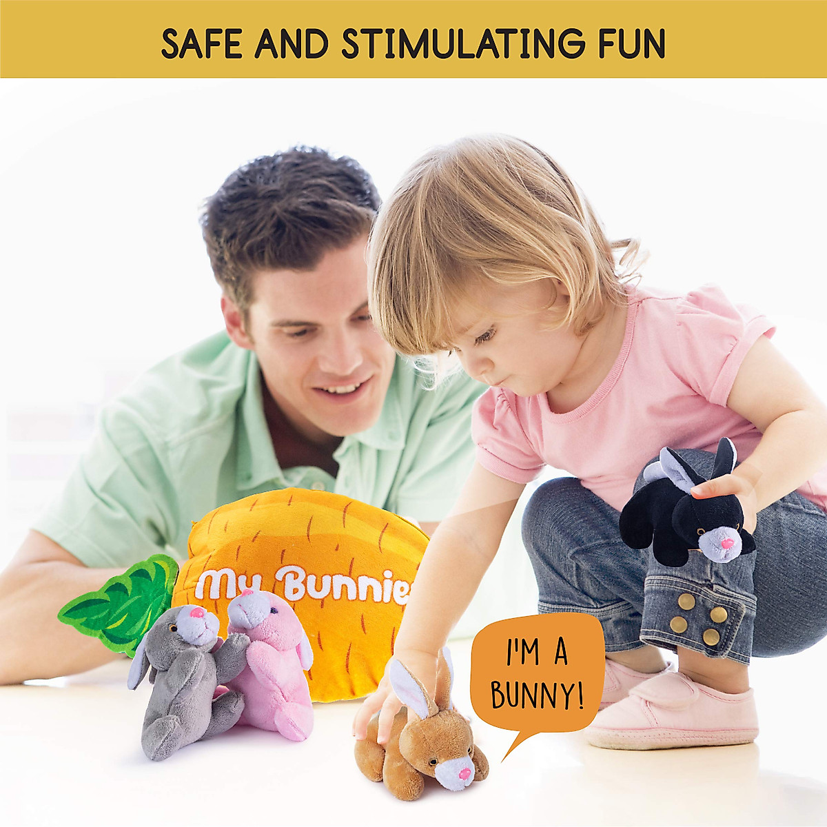 My Bunnies Plush Toy Set | Includes 4 Talking Fluffy Rabbits | Gray, Tan, Pink, and Black Bunnies with A Plush Carrot Shaped Carrier | Great Gift for Baby and Toddler Girls or Boys