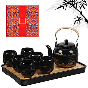 Hushee Japanese Tea Set in Gift Box Asian Tea Set Magic Teapot with 1 Teapot, 6 Tea Cups, 1 Tea Tray, 1 Stainless Infuser, Black Ceramic Chinese Porcelain Tea Set Gift for Tea Adult Lover Office Home