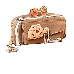 forzma Open Wide 4 Compartment Pencil Case Pen Pouch Canvas Capybara with Pen Slots Grids Bonus Pin Brown/Black (Milk Coffee)