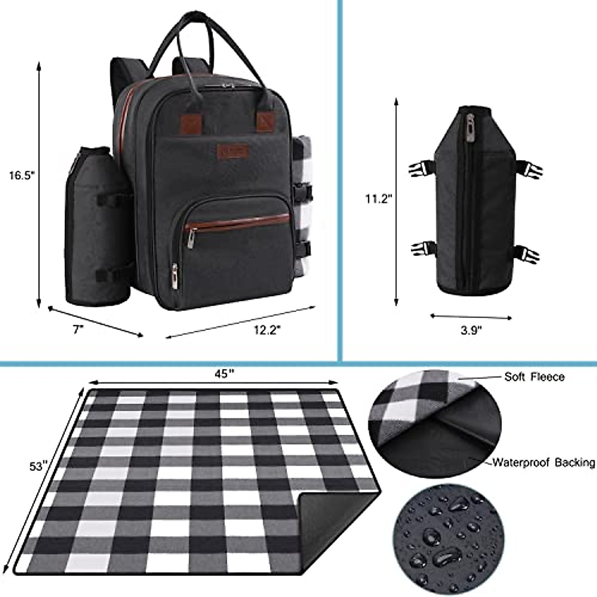 ALLCAMP OUTDOOR GEAR Picnic Backpack for 2 Person Set W/Detachable Bottle/Wine Holder, Fleece Blanket, Plates and Cutlery Set (Black)