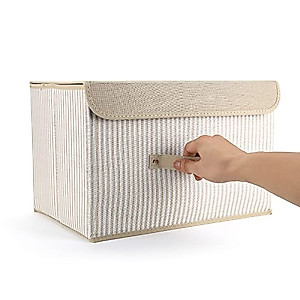 mee'life Storage Bins with Lids 2 Pack, Closet Organizers and Storage Containers Collapsible Storage Cubes Large Toy Storage Boxes Linen Fabric Storage Baskets for Clothes Toys Blanket - Beige Stripes