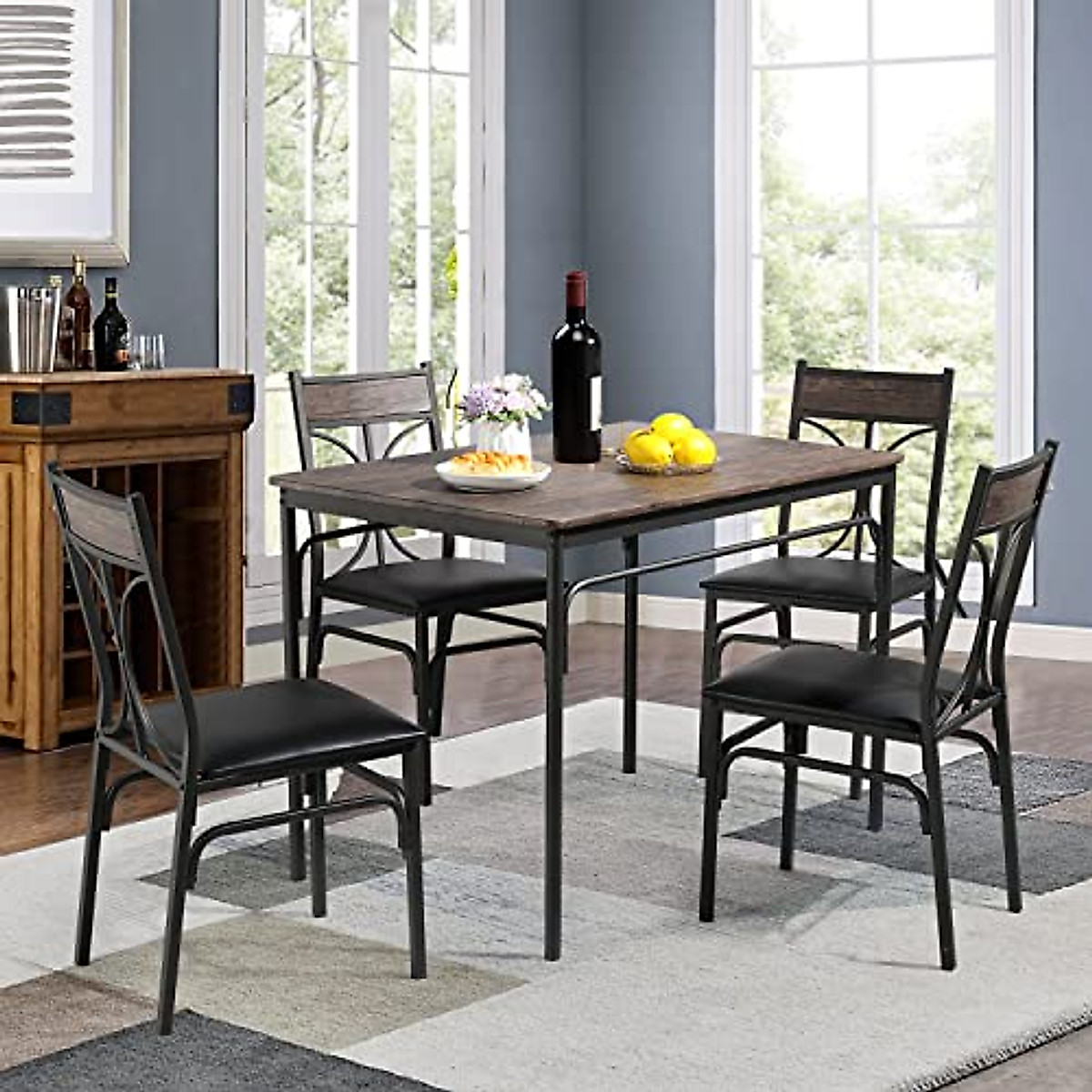 VECELO 5 Piece Kitchen Set Room,Dinette,Breakfast Nook,Industrial Style, Dining Table for 4, Retro BRN