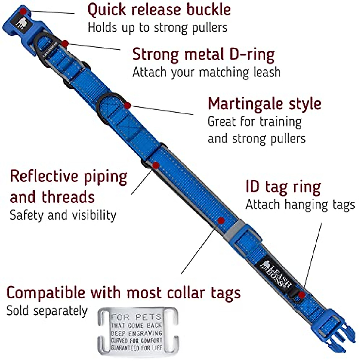 Leashboss Reflective Martingale Collar and 6 Ft Leash with Padded Handle, Medium Collar 14.5-17" Neck, Blue