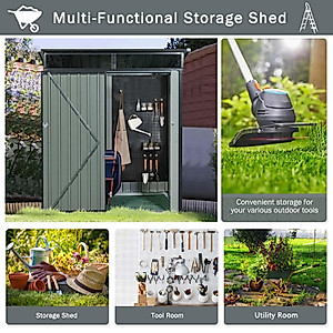 5Ft x 3Ft Outdoor Metal Storage Garden Shed with Lockable Door & Vents, Waterproof Anti-Corrosion Tool Storage Cabinet Clearance, Outside Vertical Tall Tool Shed for Backyard Patio Lawn (Gray)