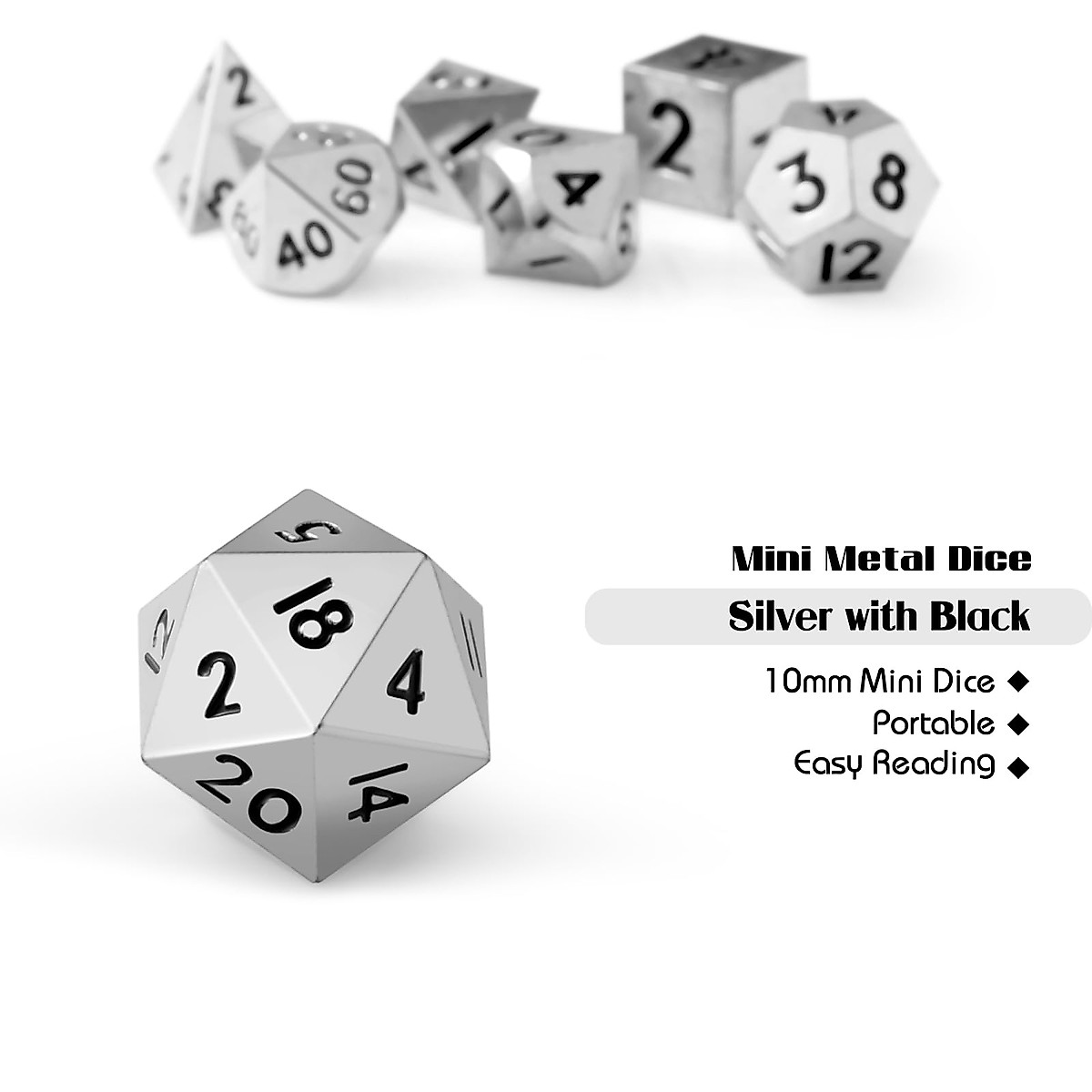 Metal DND Dice Mini,DNDND 10mm Metallic D&D Dice Set with Gorgeous Gift Dice Box for Dungeons and Dragon D&D Game (Silver with Black Num)