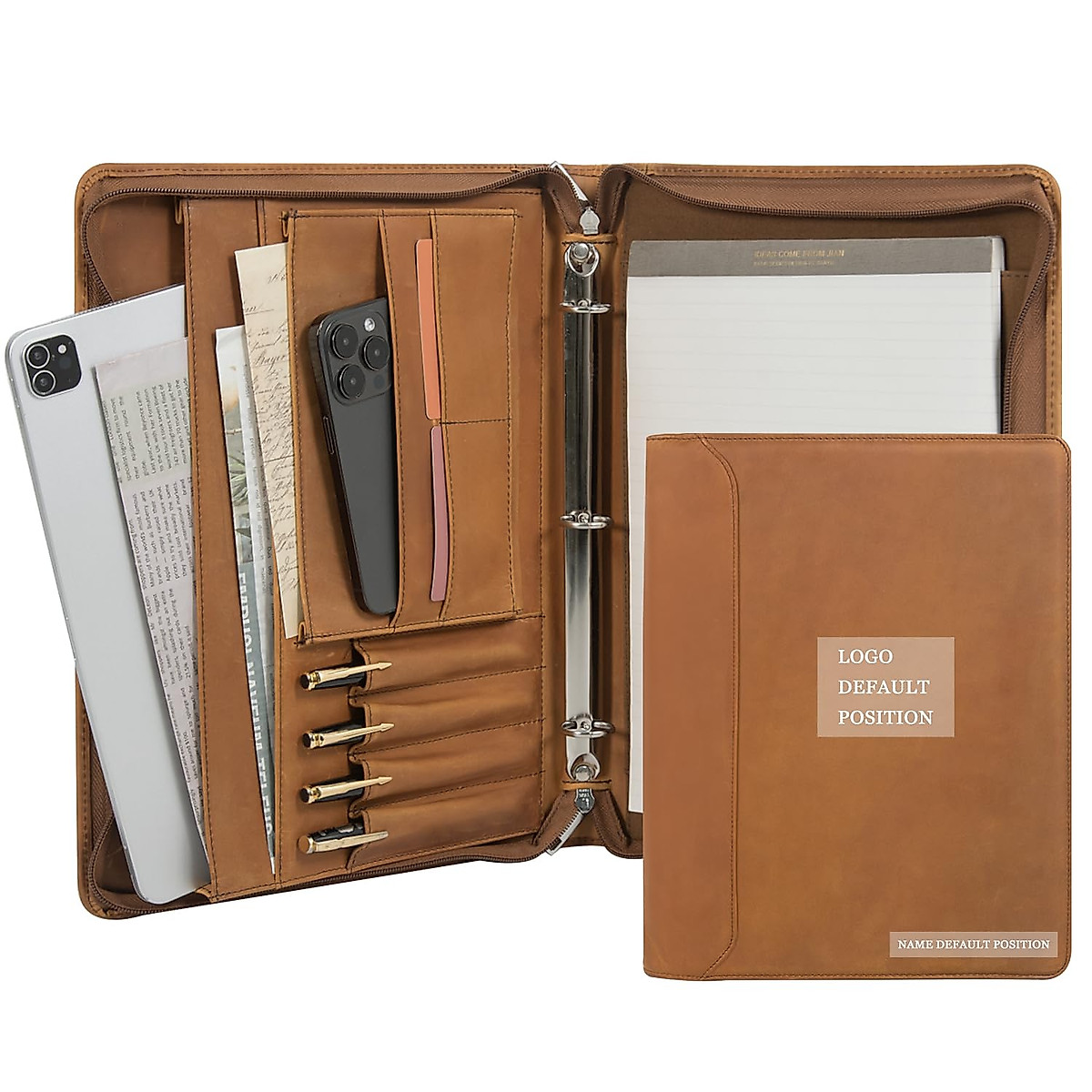 Free Name Engraved, Personalized Leather Portfolio Binder for Men, 3 Ring Binder Custom Padfolio Folder, Handmade Professional Business Organizer with Zipper, Gift for Men/Women, Customized, Brown