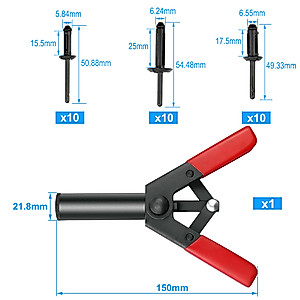 Rivet Gun Set with 3 Sizes Nylon Blind Rivets, 30 Pieces, Hand Riveter Suitable for Automotive and More