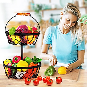 2 Tier Fruit basket for kitchen countertop with 4 banana hangers, Detachable, Large Capacity & Thick Wire construction, Fruit and vegetable bowl, fruit and vegetable storage, snacks, bread and more.
