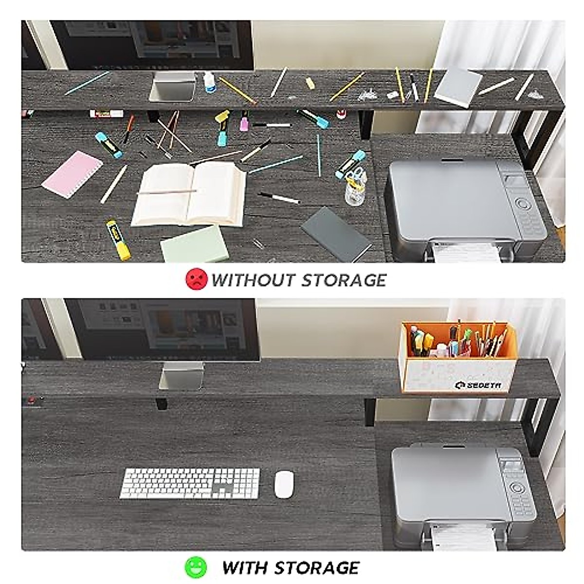 SEDETA L Shaped Desk, 66" Home Office Desk with File Drawer & Power Outlet, Gaming Desk with Led Lights, Corner Computer Desk with Monitor Shelf, Printer Storage Shelves, Two Person Desk, Grey