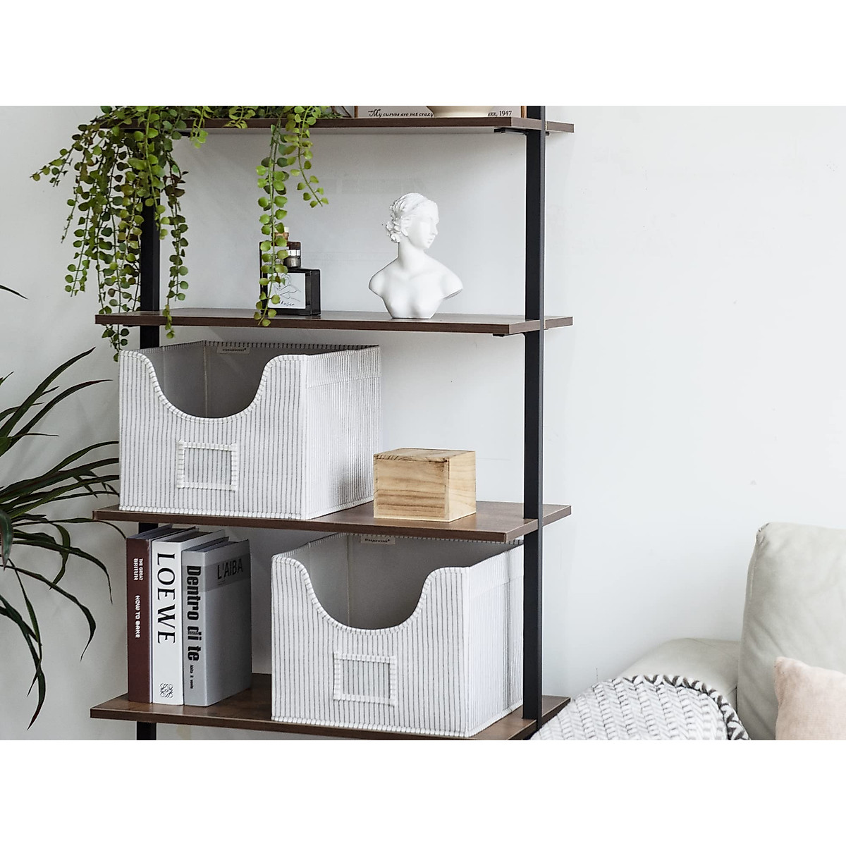 StorageWorks Closet Storage Bins, Closet Shelf Organizers, Fabric Storage Bin, Closet Organizer Bins with Cutout Window and 2 Handles, Clothes Storage Organizer, Medium, Grey and White Stripes, 3-Pack