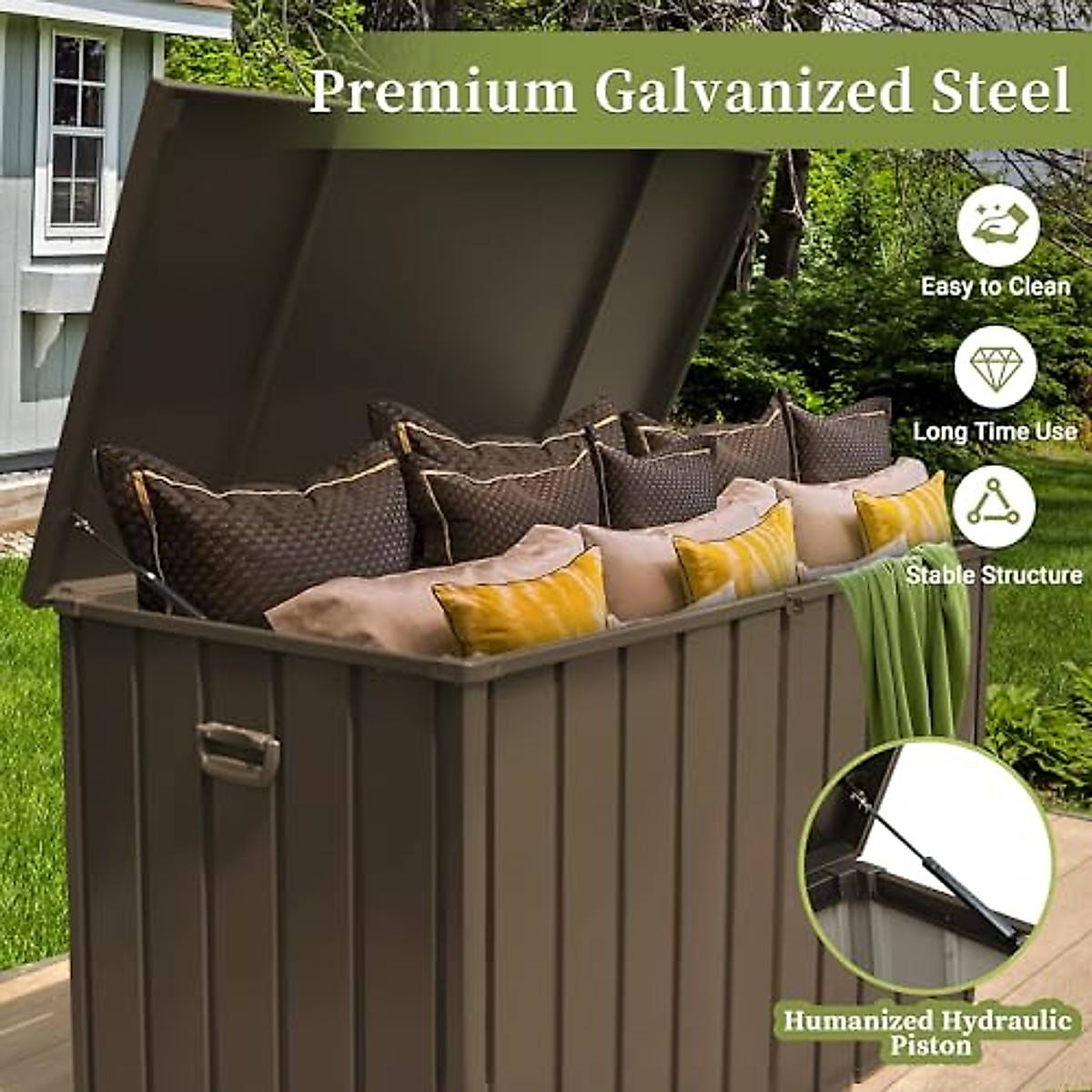 FANGCUN Deck Box Outdoor Storage Container, 120 Gallon, Waterproof Lockable Steel Construction with Wheels, For Patio Furniture, Garden Tools, and Pool Equipment (Dark Brown)