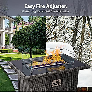 Rectangular Fire Pit Table, 40 inch Propane Fire Pit Table, PE Wicker, Fire Stone Wind Guard Rain Cover Included, Hidden Tank Holder, Black Tempered Glass Tabletop, 55,000 BTU