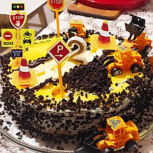Newmemo 16pcs Construction Cake Topper Vehicles Cake Decoration Set Truck Excavator Tower Crane Cupcake Topper Traffic and Road Sign Decor Happy Birthday Party Supplies Favors for Kids Boys