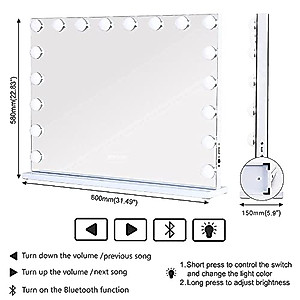 FENCHILIN Vanity Mirror for Makeup Bluetooth, Extra Large Hollywood Lighted Mirror with 18 Dimming LED Bulbs Smart, Tabletop/Hanging Cosmetic Mirror with Touch Screen & USB Charging Port & Speaker