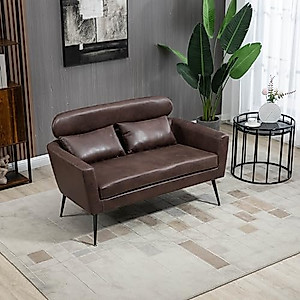 51" Faux Leather Loveseat Sofa with 2 Throw Pillows,Mid-Century Loveseat Faux Leather Sofa Couch for Small Space,Two-Seater Sofa with Metal Legs,Small Mini Room Couch for Office (Dark Brown)