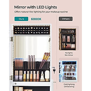 SONGMICS Mirror Jewelry Cabinet Standing Armoire Organizer, Jewelry Storage with Full-Length Frameless LED Lights, Built-in Makeup Mirror, 2 Drawers, Lockable, White UJJC023W01