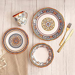 Euro Ceramica Duomo 16 Piece Stoneware Dinnerware Set, Service for 4 – Thanksgiving-Fall-Summer Dishes - Floral Design, Multicolor