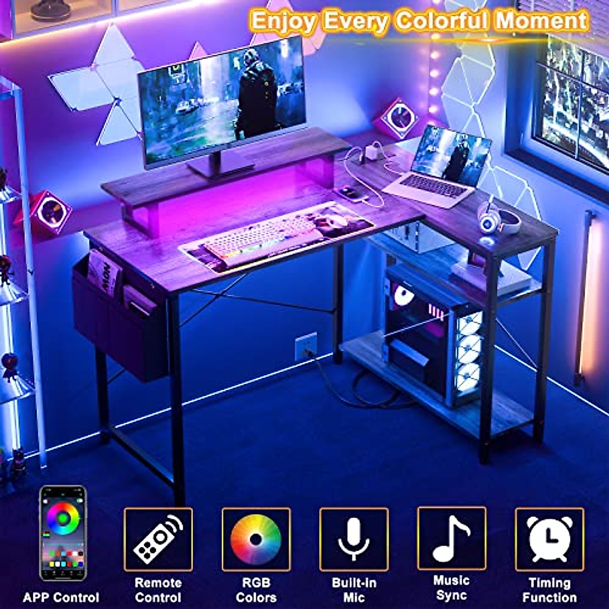 Homieasy L Shaped Computer Desk with LED Strip & Power Strip, 47 Inch Corner Desk with Monitor Stand Reversible Storage Shelves, Modern Simple Home Office Gaming Desk with Storage Bag(Black Oak)