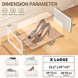 Secret Space 12 Pack X Large Shoe Storage Organizer for Closet, Modular Space Saving Shoe Boxes Clear Plastic Stackable Containers Display Case Bins with Lids, Shoe Rack for Sneaker Storage, White