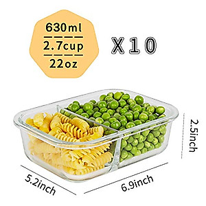 Bayco 10 Pack Glass Meal Prep Containers 2 Compartment, Glass Food Storage Containers with Lids, Airtight Glass Lunch Bento Boxes, BPA-Free & Leak Proof (10 lids & 10 Containers)