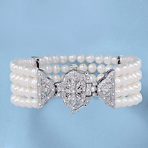 Ross-Simons 4.5-5mm Cultured Pearl and .15 ct. t.w. Diamond Multi-Strand Bracelet in Sterling Silver. 7 inches