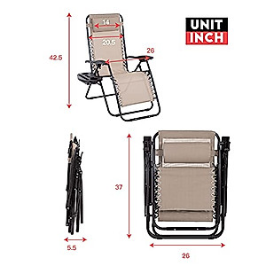 FDW Zero Gravity Chair,Zero Gravity Lounge Chair,1 Pack Folding Lawn Chair Adjustable Reclining Patio Chairs with Pillow and Side Table for Pool Yard with Cup Holder (Tan)
