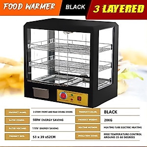 3-Tier Food Warmer, Commercial Food Warmer Display Electric Countertop Food Pizza Warmer with LED Lighting Removable Shelves Glass Door, Pastry Display Case for Buffet Restaurant 500w