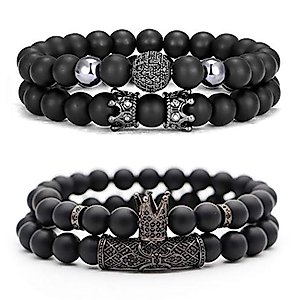 CARSHIER 4 PCS Bracelets for Men Women Friendship Lava Stone Crown Bead Bracelets 8MM Natural Essential Oil Diffuser Beads Bangles Gifts