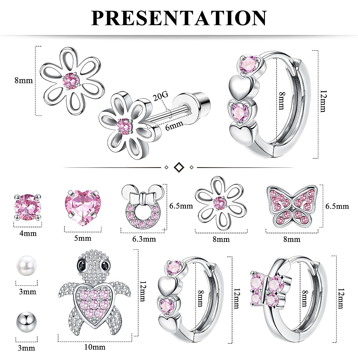 Thunaraz 10 Pairs Hypoallergenic Screwback Earrings for Women 316L Stainless Steel CZ Heart Hoop Earrings Cute Flower Butterfly Screw Back Stud Earrings Set 20G