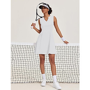 COOrun Womens Stretchy Golf Tennis Dress with Shorts Moisture Wicking Sport Workout Dress with Pockets White