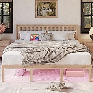 Natural Solid Rubber Wood King Bed Frame with Outlets, Platform Bed with Wooden Headboard and Slats, No Box Spring Needed, Easy Assembly, King Size