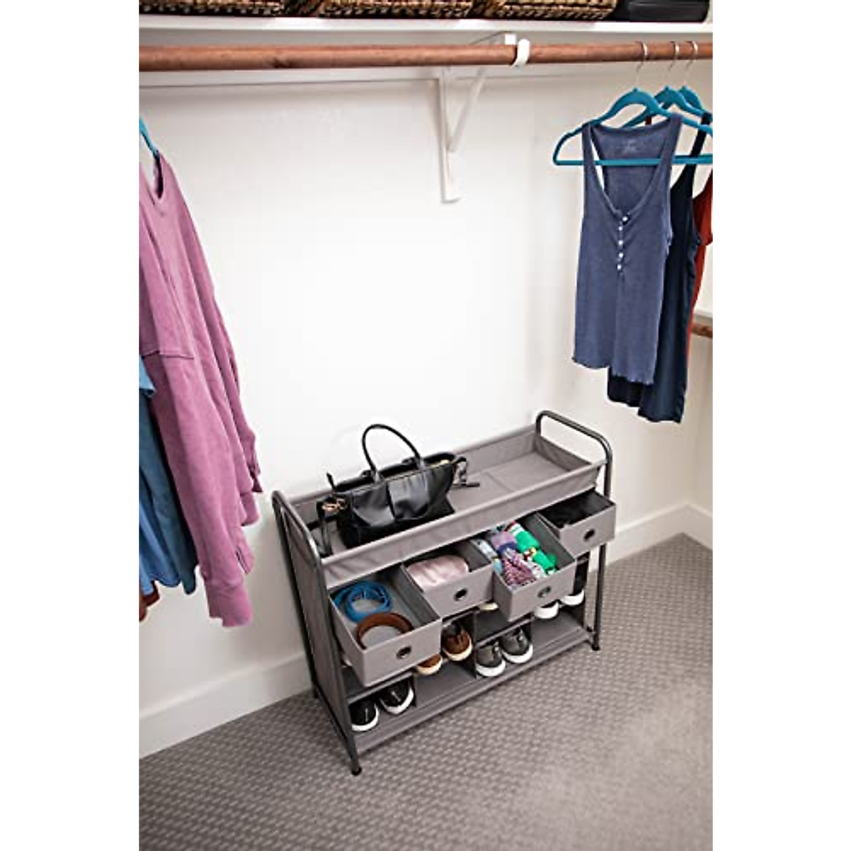BirdRock Home 16 Cubby Shoe Rack Organizer with 4 Drawers - Grey - Free Standing Cabinet for Closet - Sturdy Metal Frame - Space Saver - Bedroom Organization