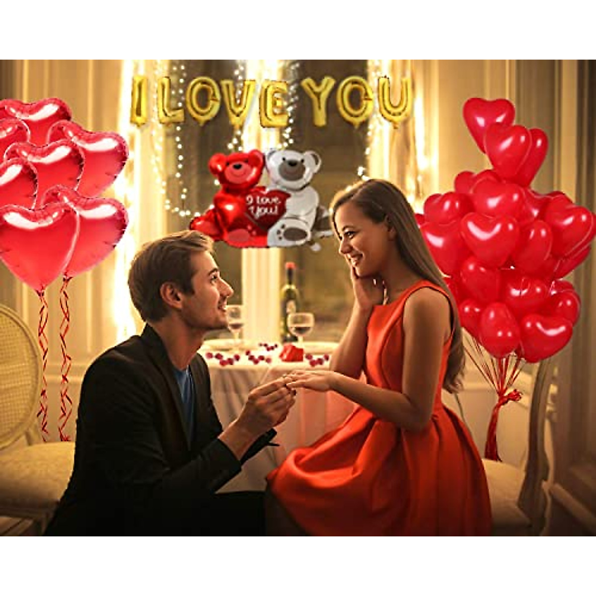 Golray 40 Pack I Love You Balloons and Heart Balloons Kit with 1000 Pcs Dark-Red Silk Rose Petals Wedding Flower Decoration Love-Bear Red Heart Balloons for Valentine Day Party Decorations