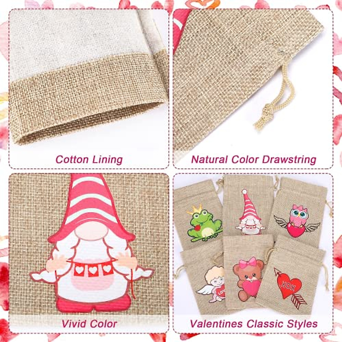 JUNEBRUSHS 42 Pack Valentines Burlap Bags, Small Valentine Gift Bags with Drawstring Valentine's Day Goodie Bags for Kids Baby Shower Wedding Party Favor Bags Heart Treat Candy Bags Fillers