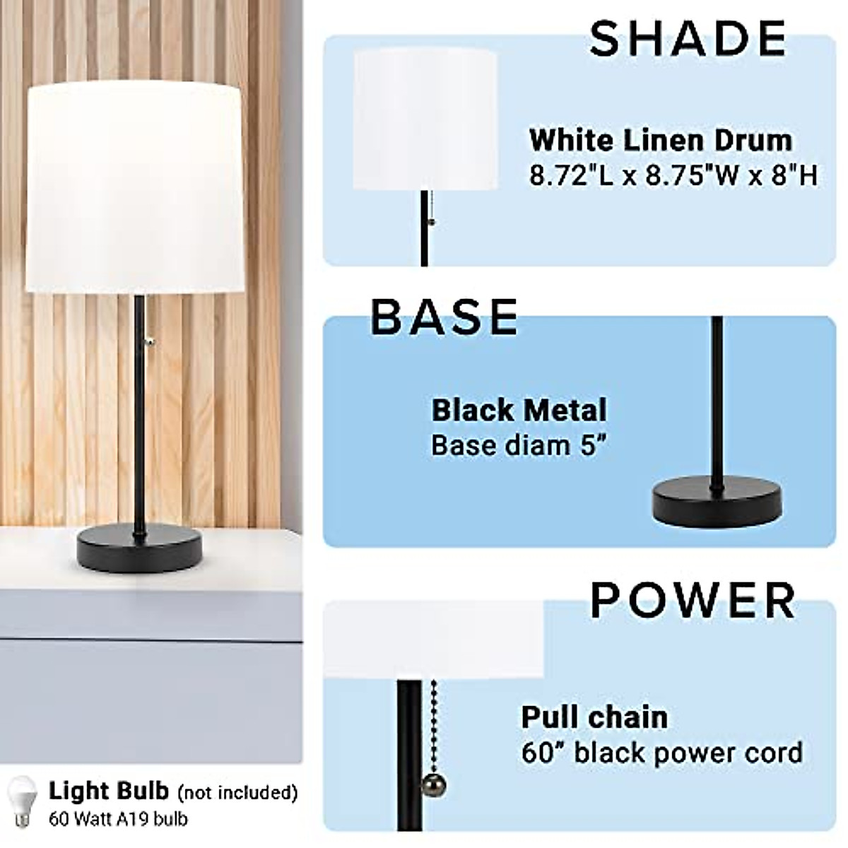 Catalina Lighting 17842-031 Modern Stick Accent Table Lamp with Pull Chain and White Fabric Shade, 19", Classic Black